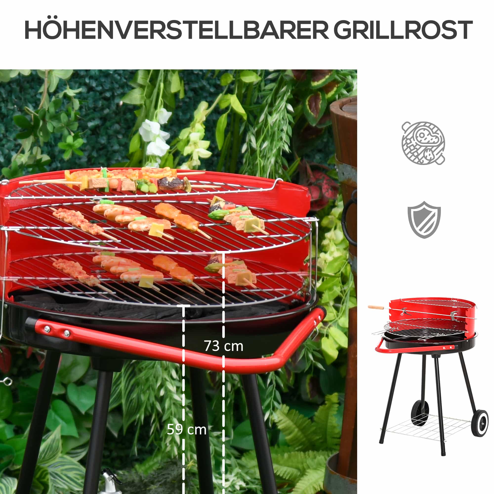 Ronde Staande Houtskoolgrill Op Wielen Met Rooster – Bbq Metaal Rood ...