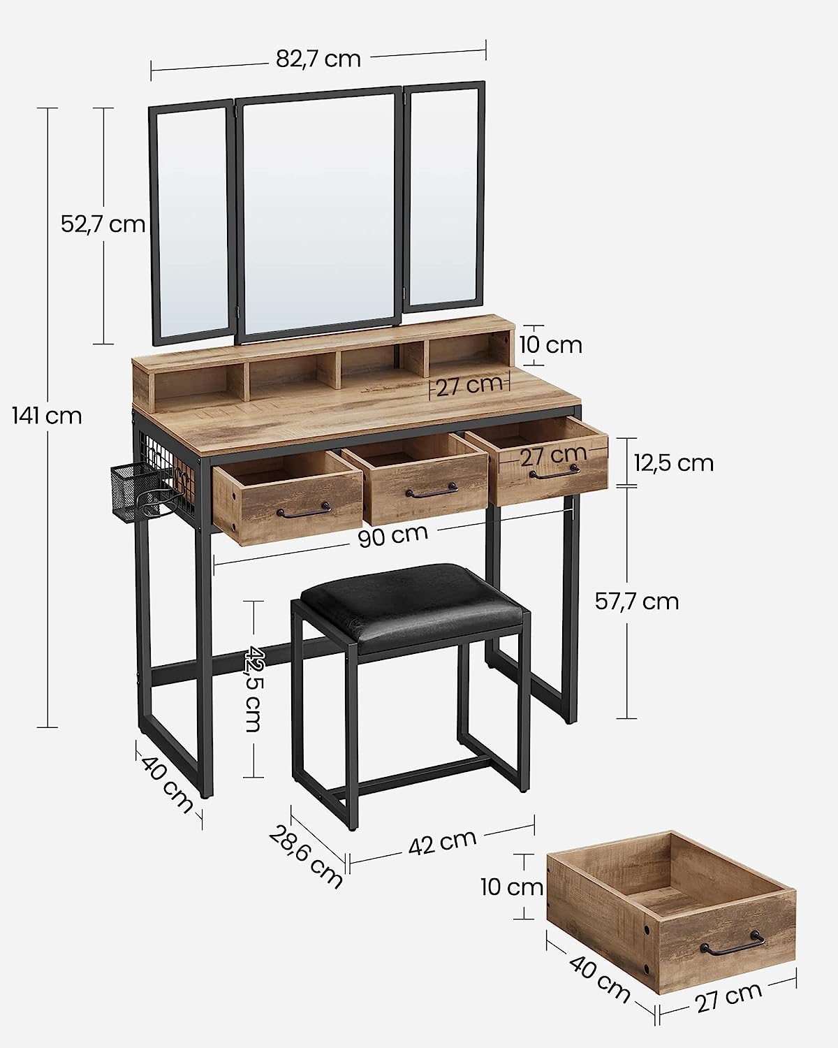 make-uptafel, 3 spiegel, eikenbruin zwart - SimpleDeal.nl