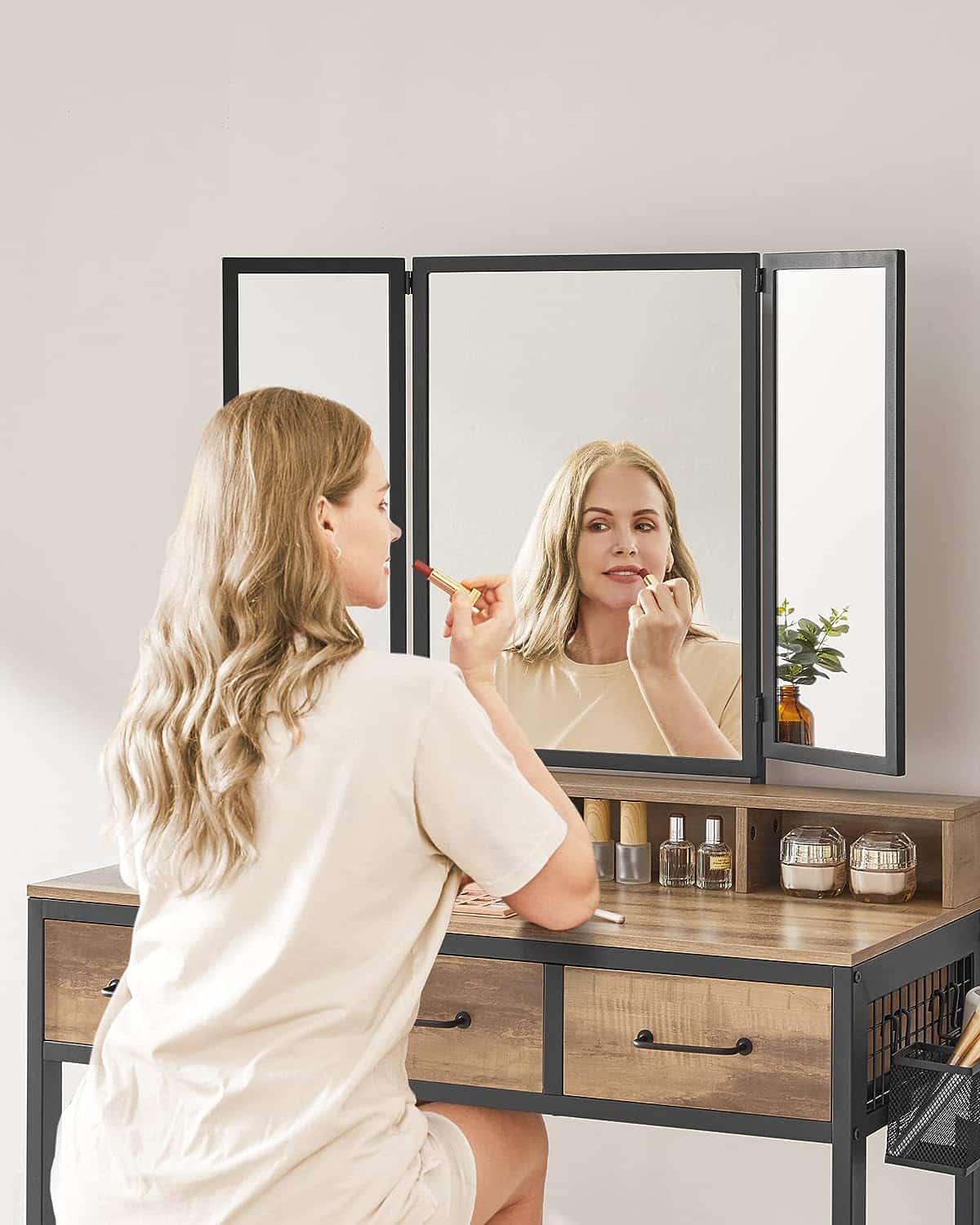 make-uptafel, 3 spiegel, eikenbruin zwart - SimpleDeal.nl