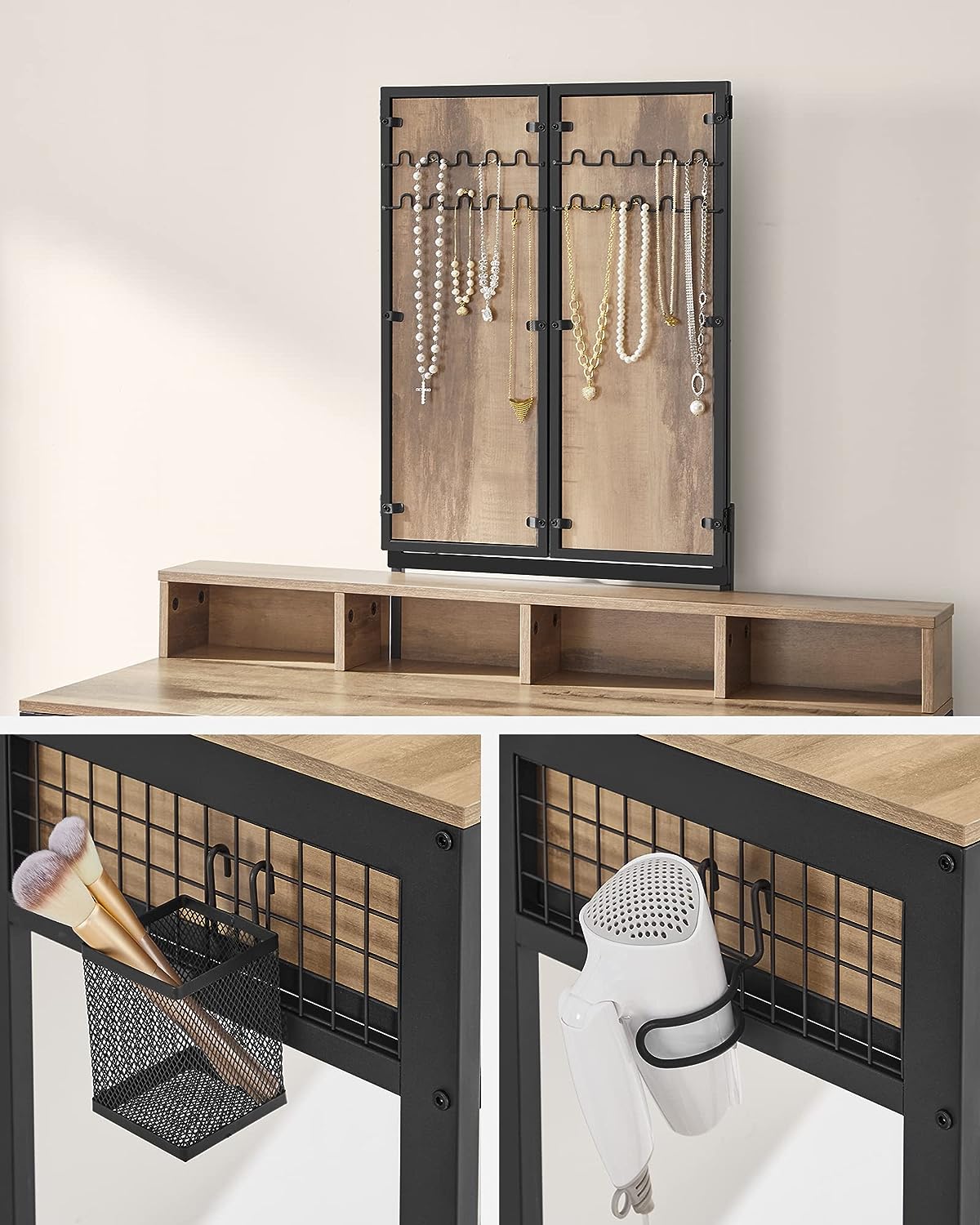 make-uptafel, 3 spiegel, eikenbruin zwart - SimpleDeal.nl