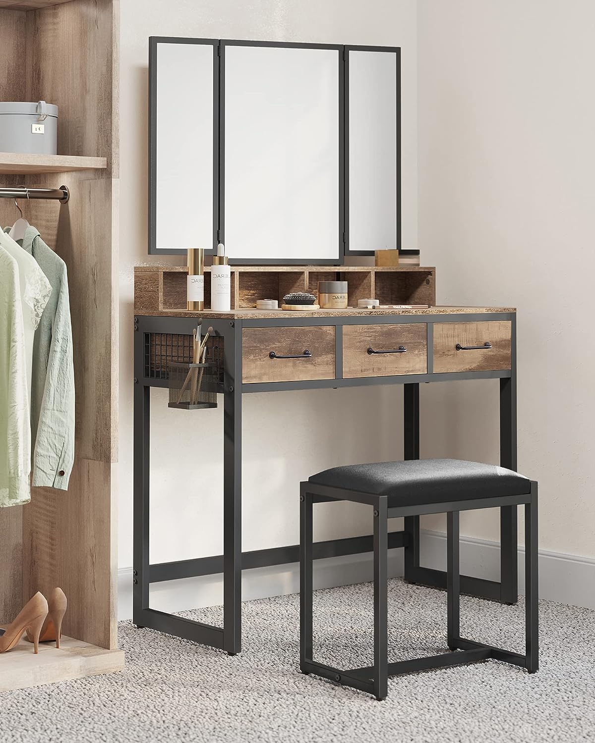 make-uptafel, 3 spiegel, eikenbruin zwart - SimpleDeal.nl