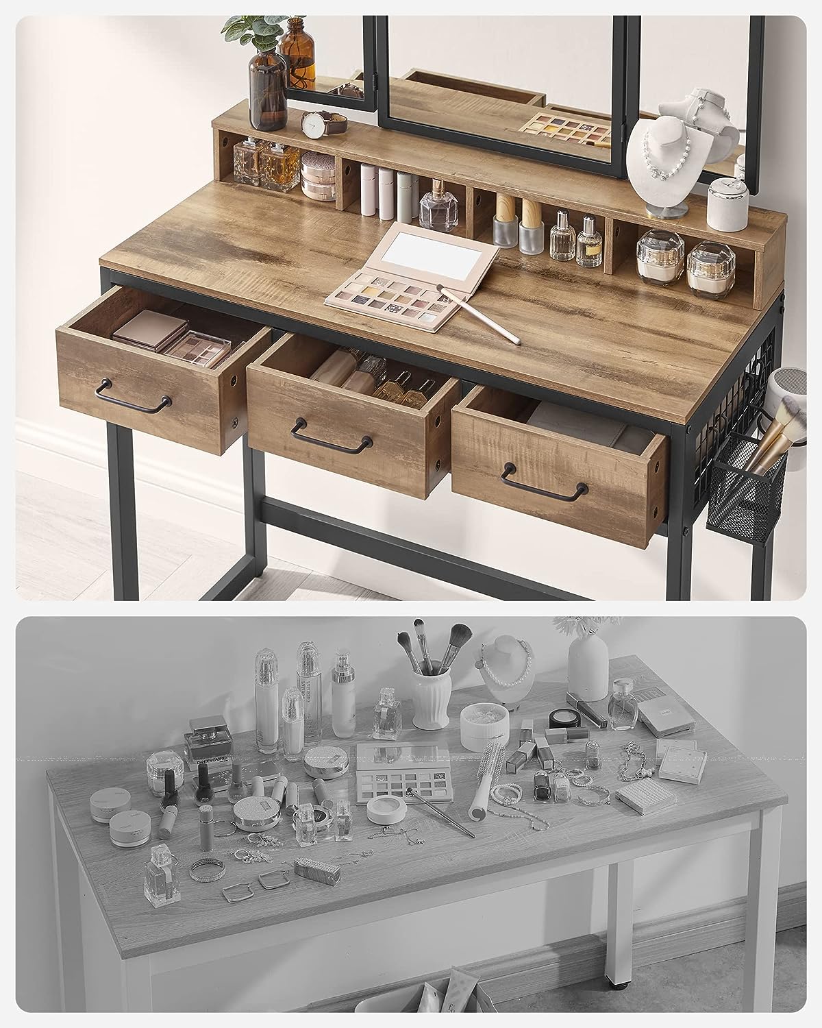 make-uptafel, 3 spiegel, eikenbruin zwart - SimpleDeal.nl