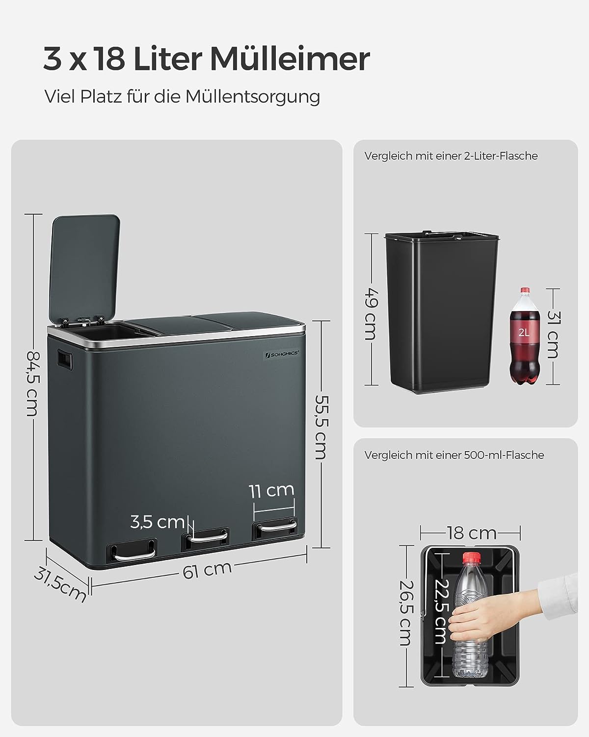 Vuilnisbak Keuken, 3 X 18 Liter, Afvalscheidingssysteem 3 Vakken ...