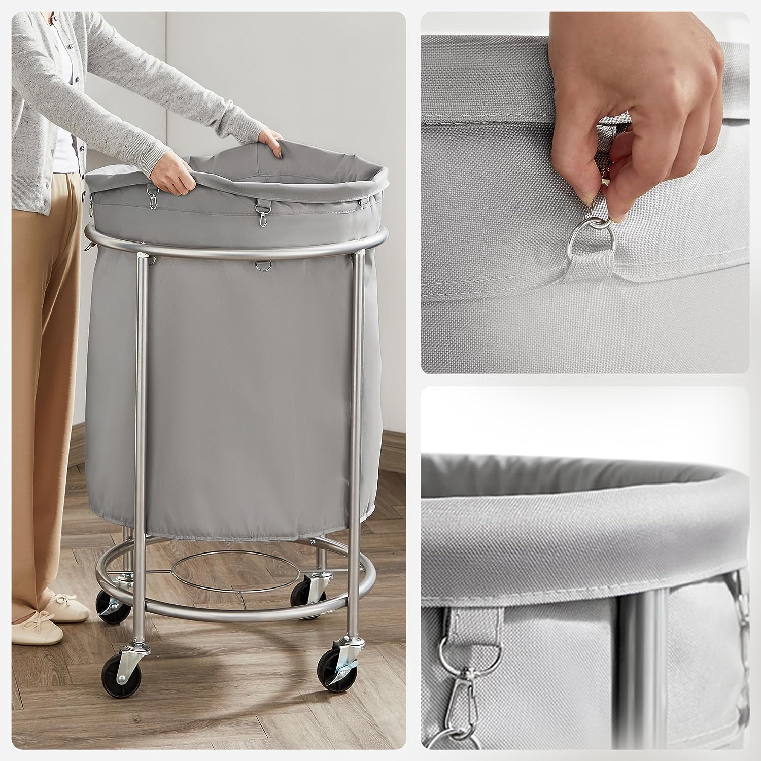 Wasmand met wieltjes, wasverzamelaar, 170 liter, ronde mand met stalen ...