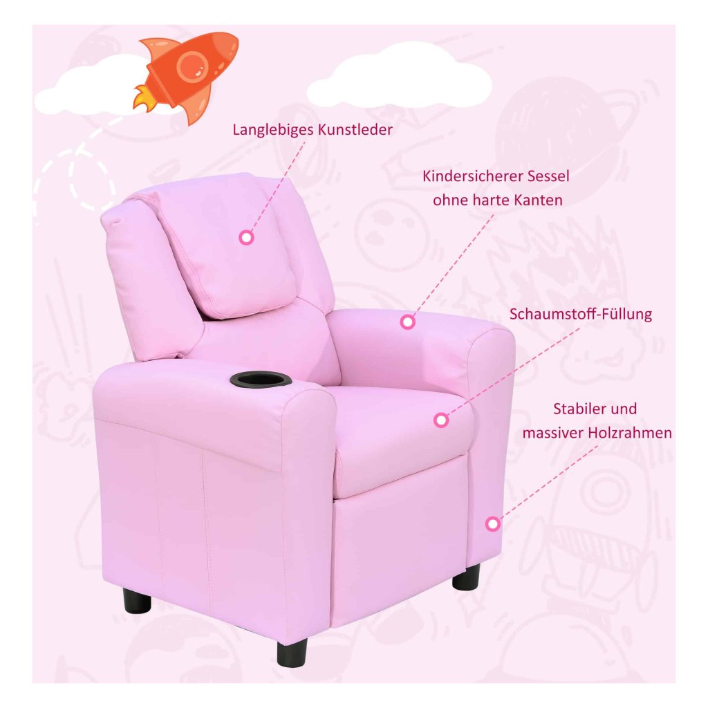 Kinderfauteuil - Ligfunctie - Bekerhouder - Roze - SimpleDeal.nl