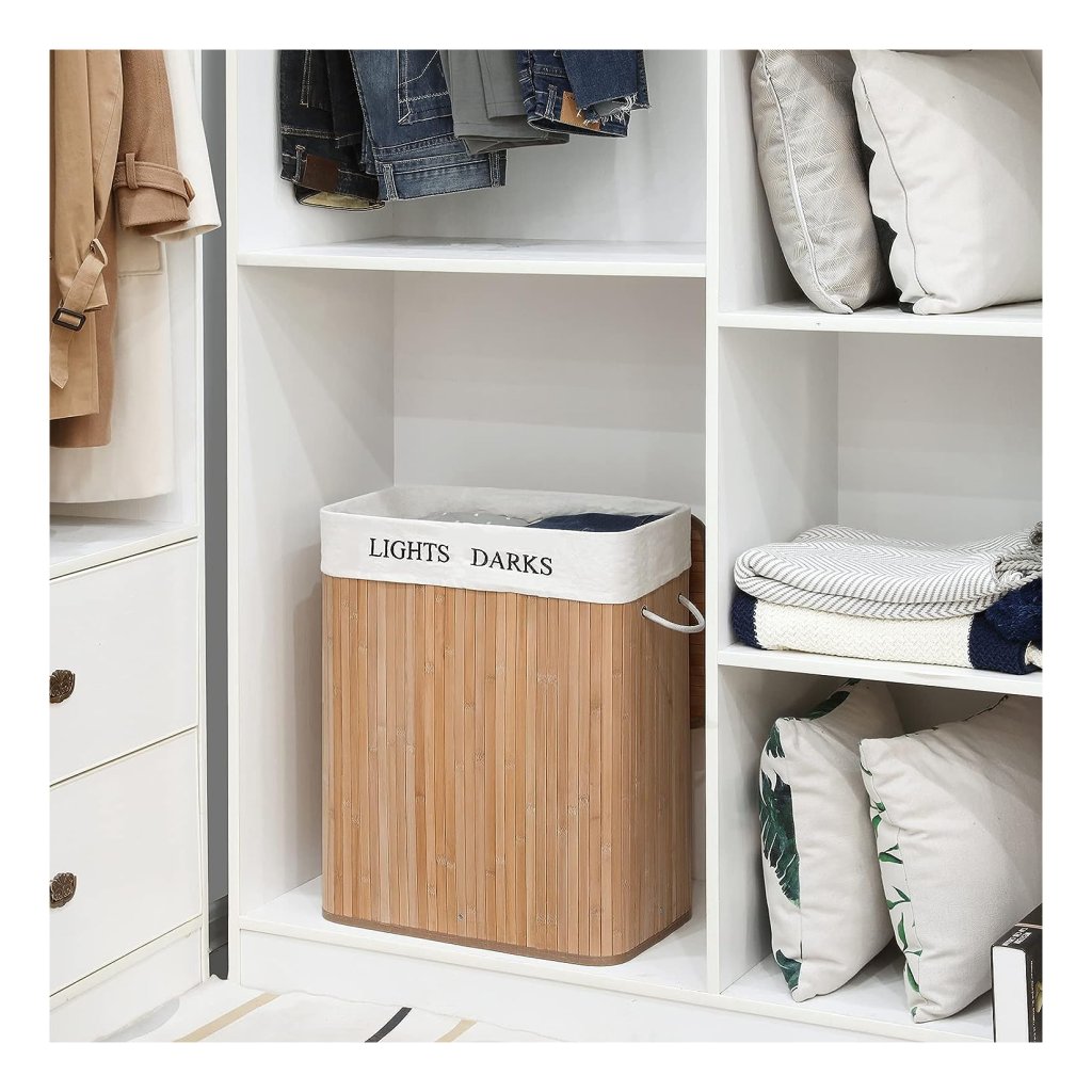 Wasmand van Bamboe, 100 L Wassorteerder met 2 Vakken, Opvouwbare Waszak ...