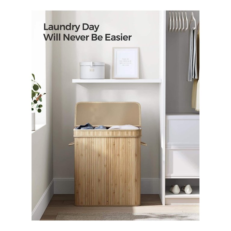 Wasmand met deksel, 100 L, wasverzamelaar bamboe, waszak uitneembaar en ...