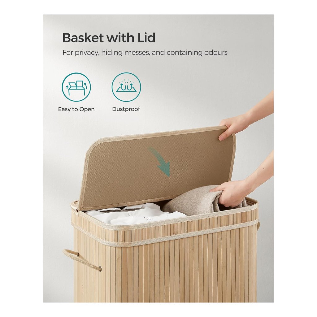 Wasmand met deksel, 100 L, wasverzamelaar bamboe, waszak uitneembaar en ...