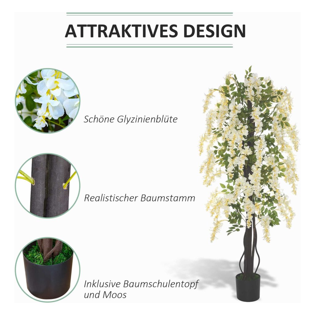 Kunstplant met witte glycinia -decoratie 1,65 m kunstmatige planten in ...