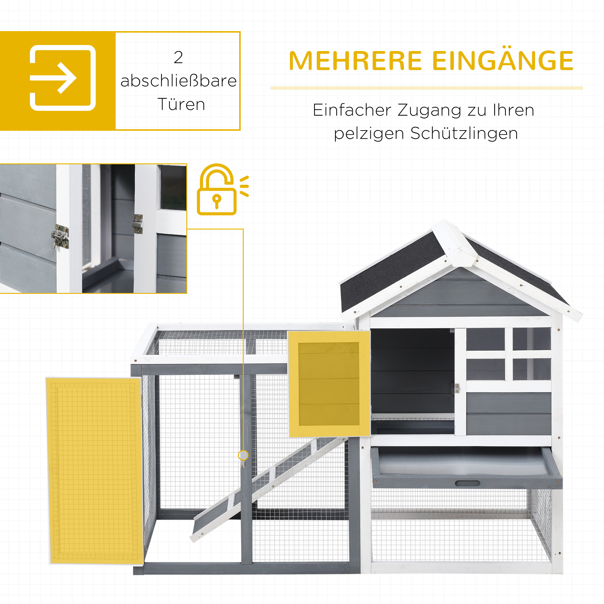 Konijnenhok - DeluxePets - Uitneembare bodembak - Trappetje - grijs ...