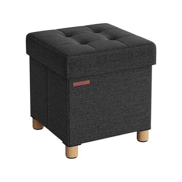 Zwarte Poef - Zitkruk inclusief opbergbox, kruk met houten poten en ...