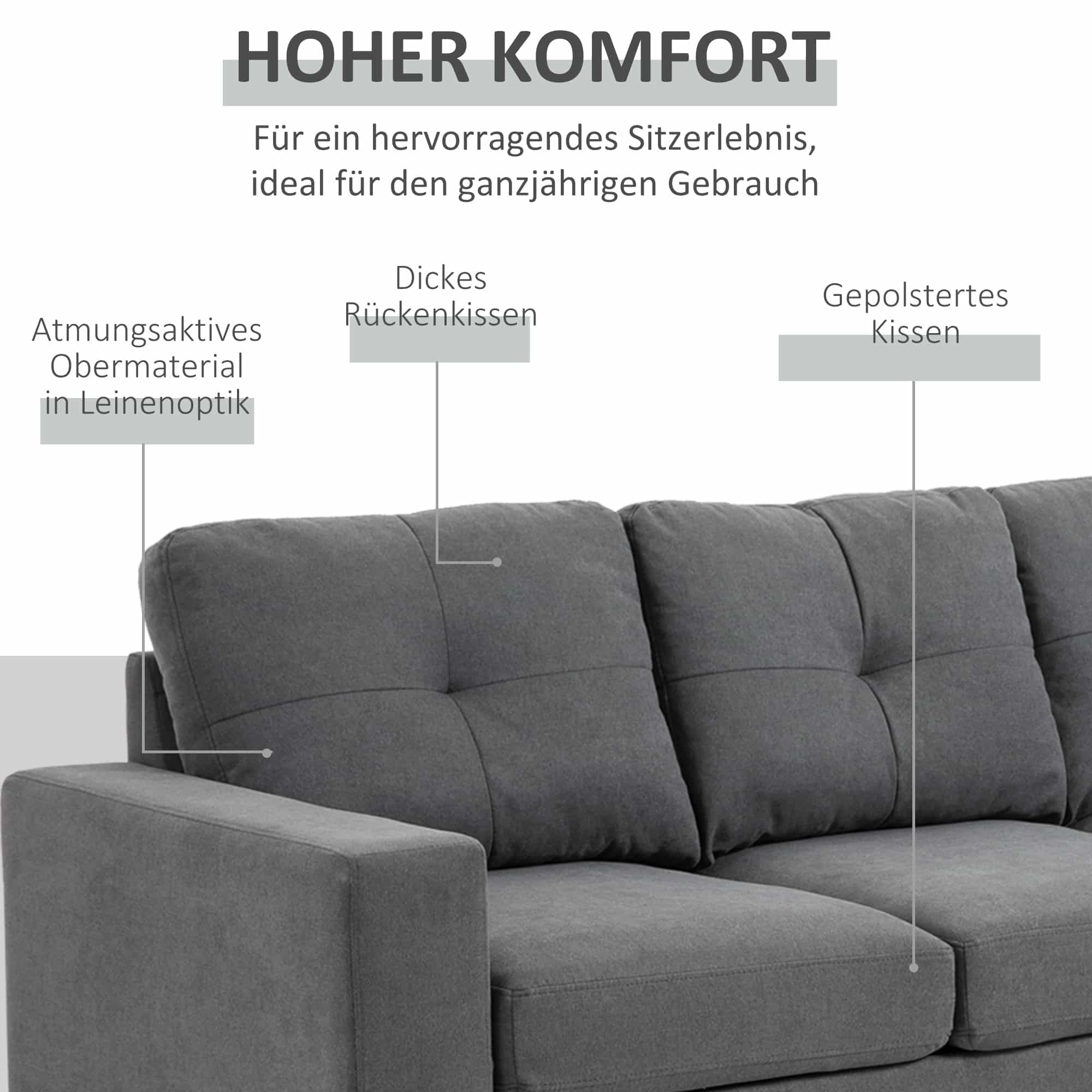 Hoekbank grijze hoekbank in l-vormige hoek ingesteld in linnen look ...
