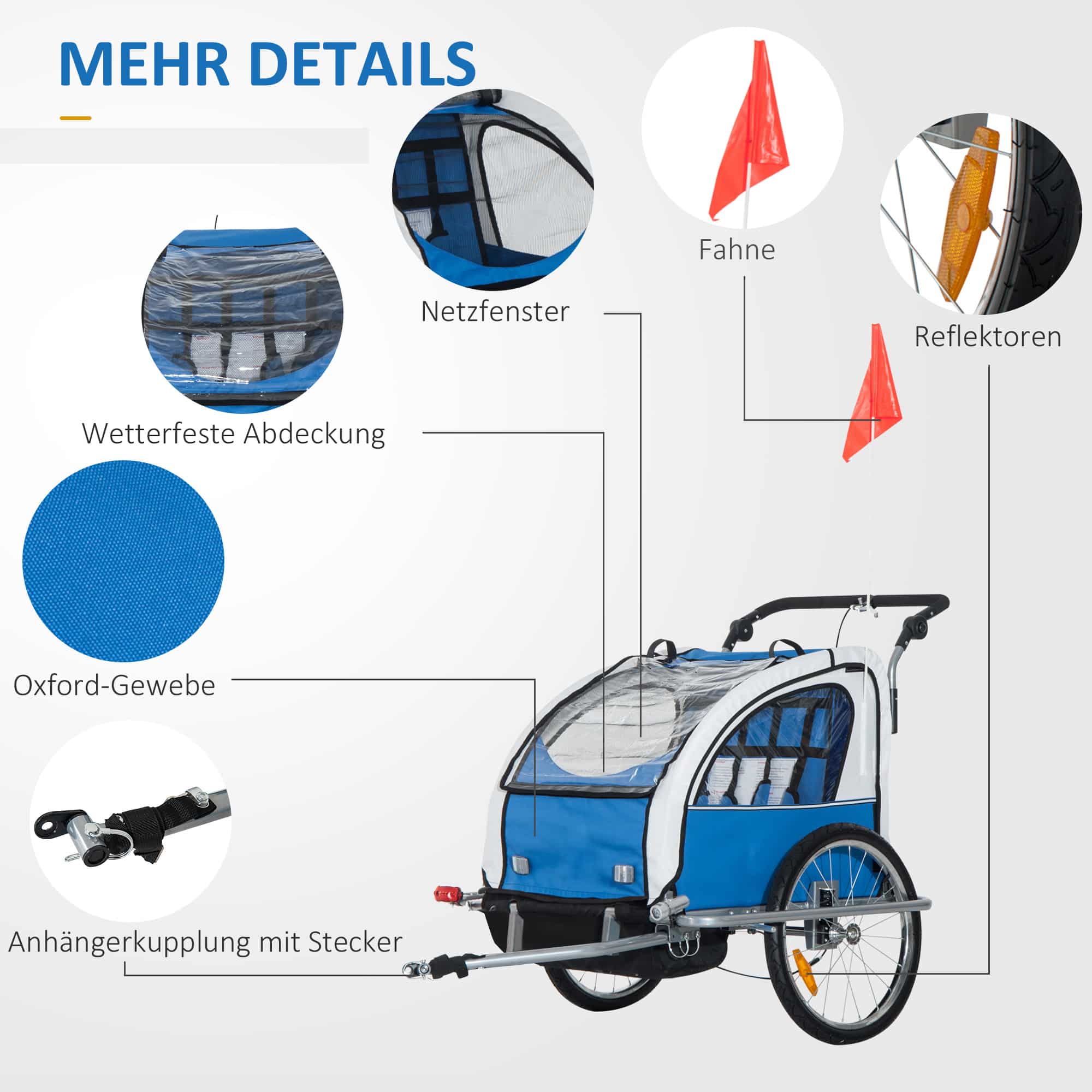 Fietskar voor 2 Kinderen - Kinderfietskar in Staalblauw 155 x 88 x 108 ...